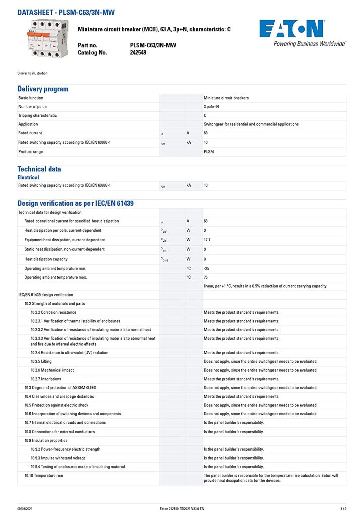 Eaton PLSM-C63/3N Miniature Circuit Breaker 63 Amps 3 Poles Type C